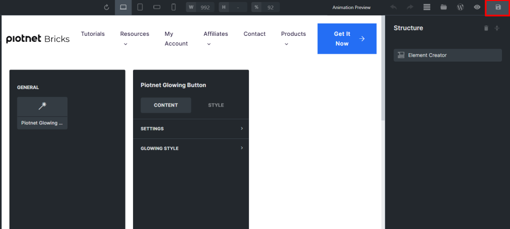 Modern Glowing Button with Hover Effects - Piotnet Bricks